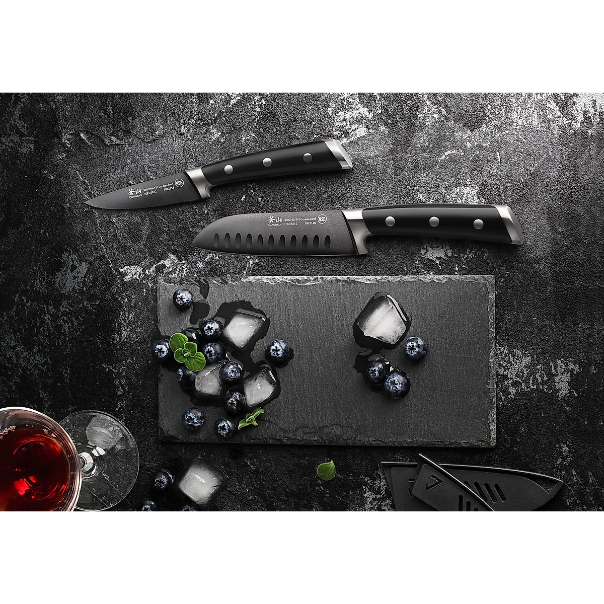 Cangshan S+ Series 1022094 German Steel Forged 2-Piece Titanium Coated Santoku Starter Knife Set with Sheaths, Noir Black