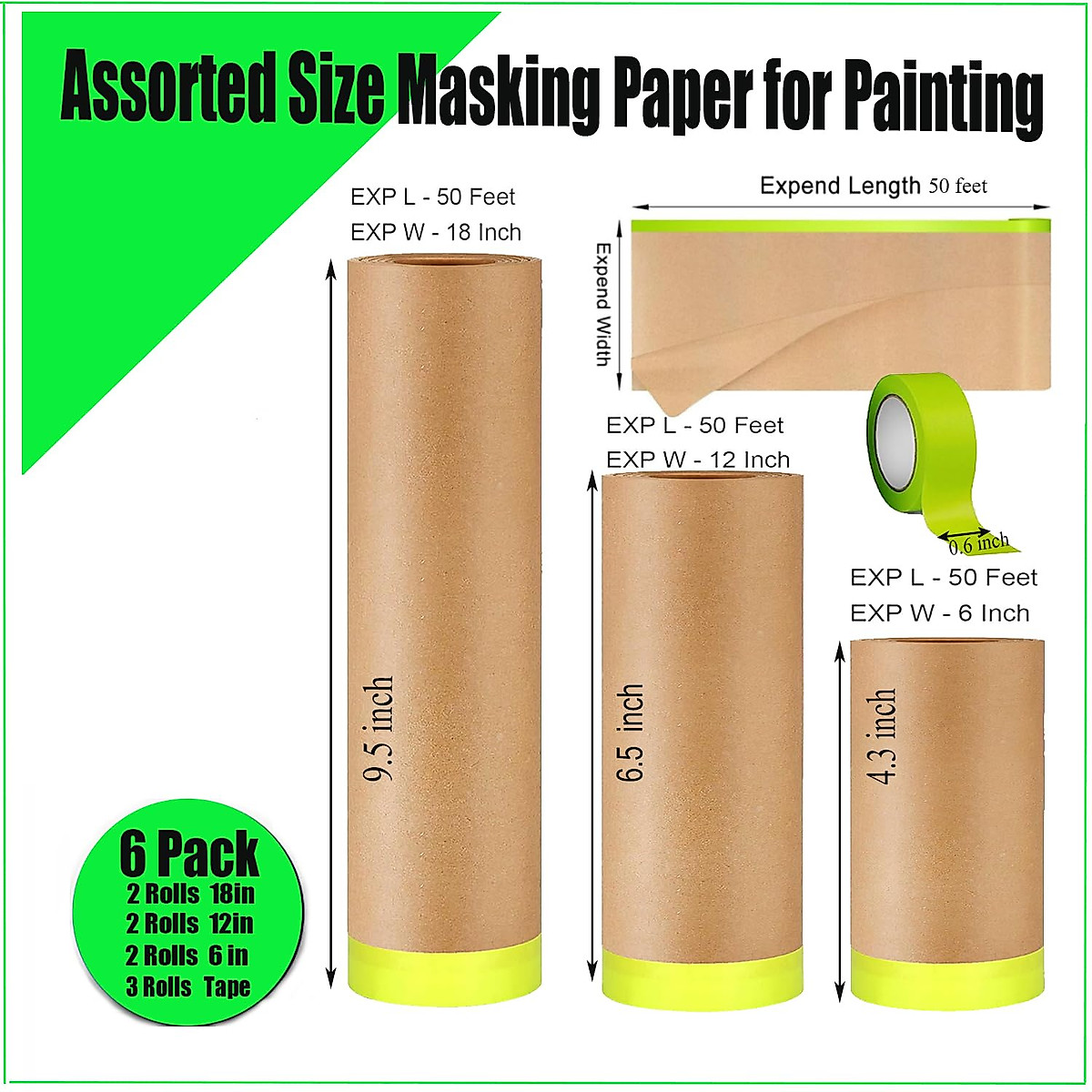 YUNXIHUI Masking Paper, 6 Rolls Automotive Paint Paper Roll with Tape, Assorted Sizes Tape and Drape, Masking Paper for Painting Car and Auto Body,Floor Protection, Wall Covering(6in 12in 18in)