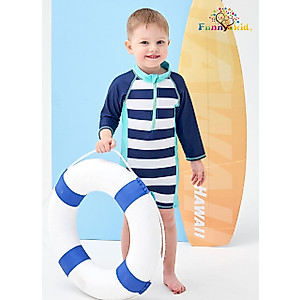 Funnycokid Baby Boys Swimsuit 12-18 Months Toddler Rash Guard One Piece UPF 50+ Swimwear Green Striped Long Sleeve Swim Shirt
