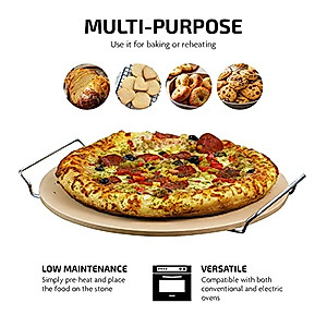 Ovente Ceramic Flat 13 Inch Pizza Stone Set with Crust Cutter Wheel & Metal Rack/Handle, Compact Easy Storage Portable Baking Grilling Stone Thermal Shock Resistance for Oven Grill BBQ, Beige BW10132