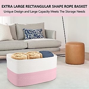 MEGASKET XXXL Pink Storage Basket, 23.6" x 15.7" x 14.1" Rectangle Cotton Rope Basket, Extra Large Blanket Basket, Kids Toy Basket Bins, Wicker Woven Basket, Decorative Basket Gift for Nursery Storage