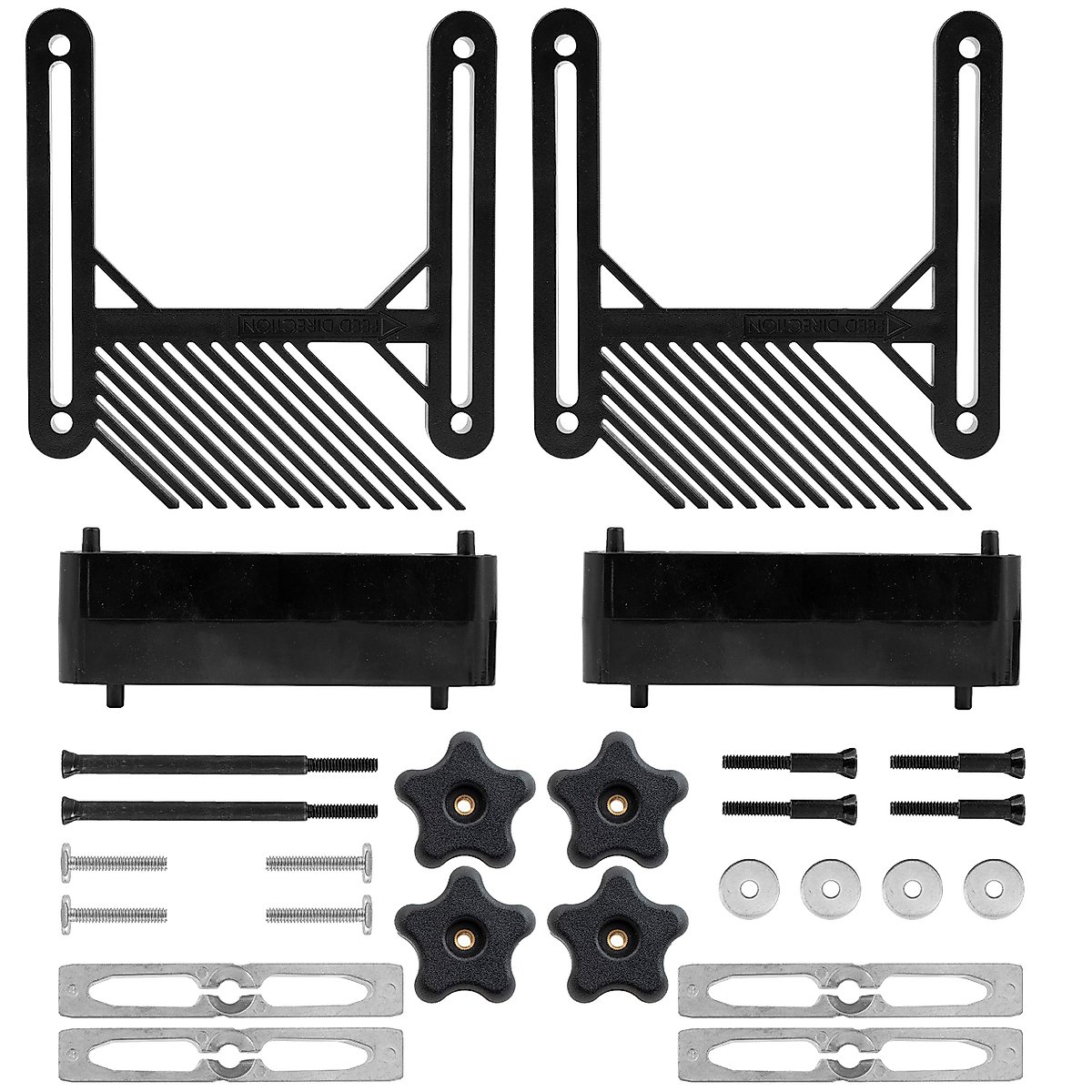 Dual Deluxe Stackable Featherboards with Riser Blocks Aluminum Miter Lock Bar and T Bolt Hardware for Track or Miter Slot Mounting Ideal for Table Saws Router Tables and Band Saws