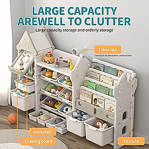 UNICOO - Kids Toy Storage Organizer and Children Bookshelf, with 14 Bins, Pull-Out Drawers Multipurpose Shelf for Toddlers to Organize Toys and Books (Magic Castle – White)