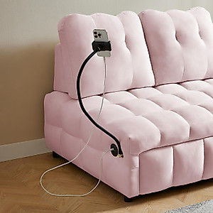 ECKF 3 in 1 Velvet Loveseat Pull-out Sofa Couch w/Pullout Bed, Convertible Sleeper Sofa Bed w/Removable Backrest, Love Seat Lounge Sofa w/Have USB Port and Swivel Phone Stand for Living Room (Pink)