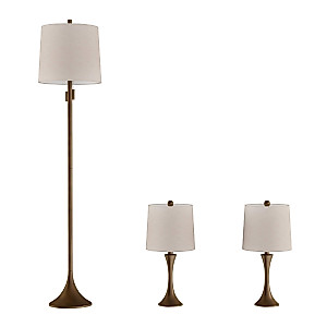 Lavish Home Table and Floor Lamps – Set of 3 Modern Metal Lights for Living Room, Bedroom, or Entry with Flared Base and LED Bulbs (Bronze)