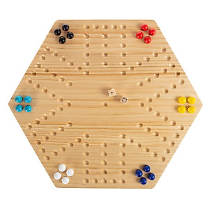 Hey! Play! Classic Wooden Strategic Thinking Game-Complete Set with Board, 24 Colored Marbles, 2 Dice-Fun Vintage 6-Player Game for Kids and Adults