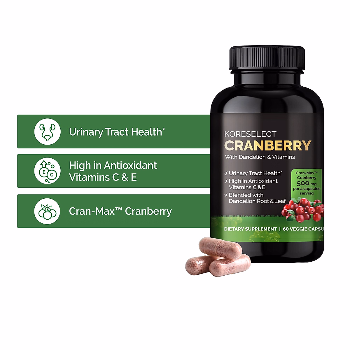 KORESELECT Cranberry 17,000mg with Dandelion & Vitamins, UTI Relief, Antioxidant Supplement, Immune Support, Bladder Health for Women & Men 60 Vegan Capsules