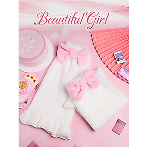 SATINIOR womens Kawaii Leg Warmer Fuzzy Fluffy Bow Cartoon Cosplay Over the Knee Socks, White and Pink, Medium