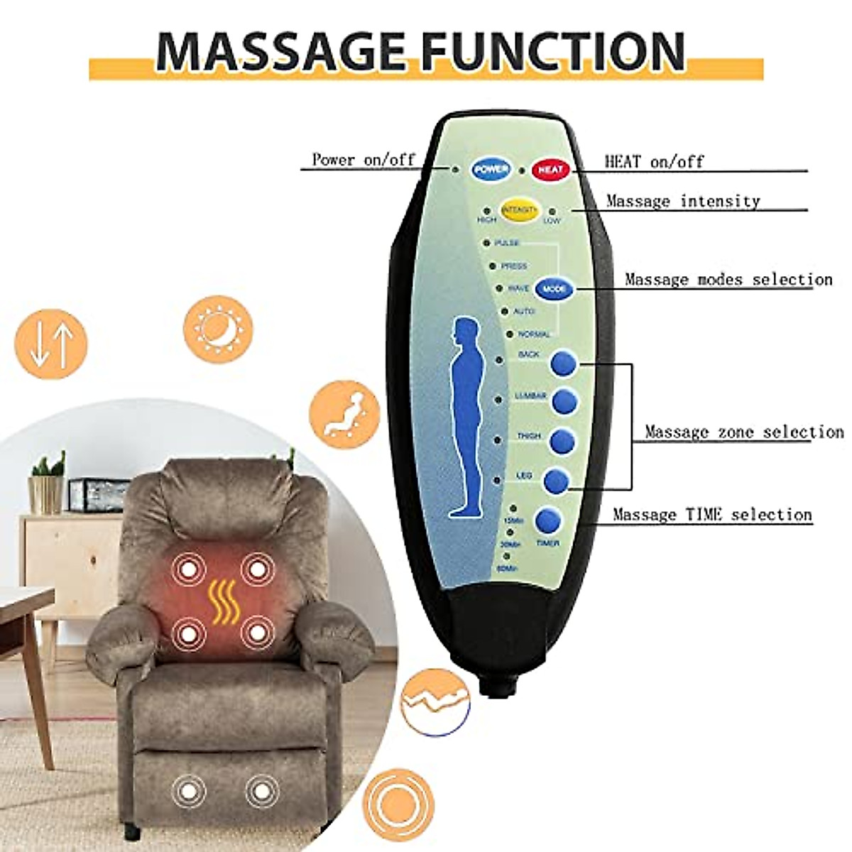 KCREAM Recliner Chair Massage Heated Fabric Overstuffed Ergonomic Lounge Chair for Living Room Single Sofa Chair Padded Seat with 2 Side Pockets, Vibration Function Reclining Chair (Brown)