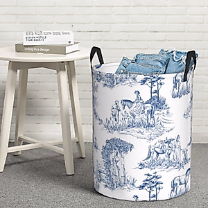 Laundry Hamper With Handles-Unique Toile Design Blue Laundry Basket-Round Storage Bin Dirty Clothes Basket
