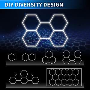 Ludapp Hexagon Garage Lights Ceiling led, 5 HEX Grid Systems Honeycomb Lights, 6500K Cooler Light for hex Lights, Aluminum Hexagonal Shop Lights for Garage, Shop, Gym