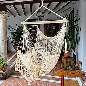 Hammock Chair，Max 330lbs, Large Hanging Chair, Soft Cotton Rope Swing Chair with High Load-Bearing Metal Rod,Indoor Outdoor Garden Yard Living Room Use
