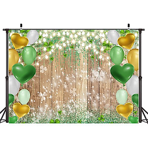 Ticuenicoa 7×5ft Happy St. Patrick's Day Backdrop Wooden Texture Green Balloon Glitter Bokeh Clover Photography Background Lucky Irish Shamrock Confentti Kids Birthday Baby Shower Wall Decor Banner