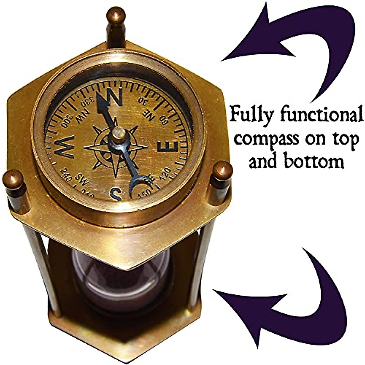 Antique Brass Sand Timer Hourglass with Maritime Brass Compass – Elevate Your Space with Nautical Charm!