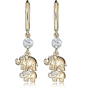 AVORA 14K Yellow Gold Dangling Simulated Diamond CZ Elephant Huggie Hoop Earrings