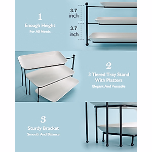 3 Tiered Serving Tray with White Porcelain Platters,Tiered Serving Stand Food Display Stand, Tiered Serving Trays & Platters, Rotatable Foldable Rectangular Plates for Dessert, Brithday Party & Events