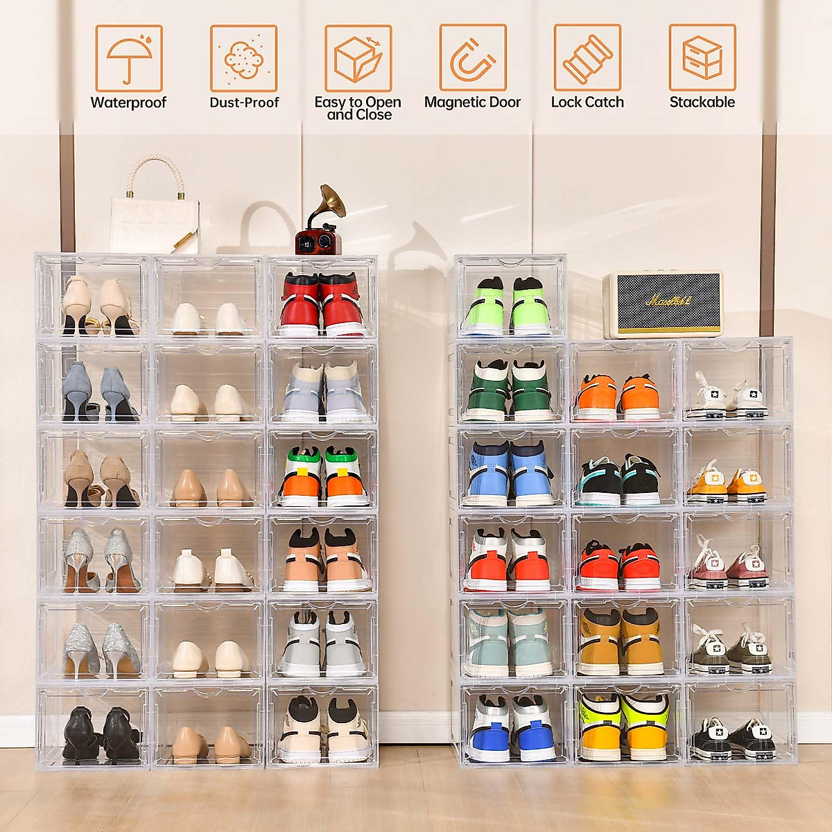 Clemate Upgraded X-Large Shoe Organizer,Shoe Storage Organizer,12 Pack,Shoe Box Clear Plastic Stackable,Drop Front Shoe Box with Clear Door, Shoe Containers For Sneaker Display,Fit up to US Size12