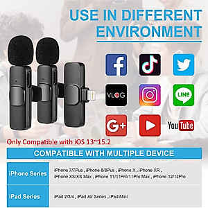 Wireless Lavalier Microphone for iPhone iPad, Plug-Play Wireless Mic for Recording, Live Stream, YouTube, TikTok, Facebook, Noise Reduction Auto-Sync