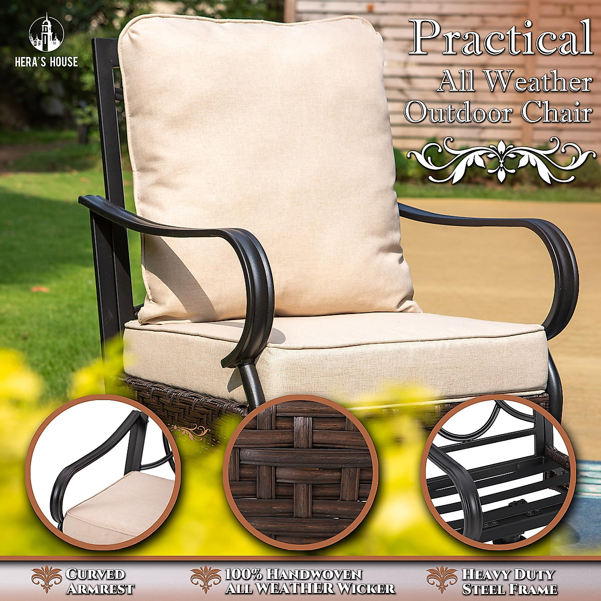 HERA'S HOUSE 7 Pieces Patio Dining Sets, 6 x Swivel Dining Chairs with Removable Cushions, 1 x Rectangular Wood-Like Dining Table, Outdoor Furniture Set for Patio Lawn Garden Porch