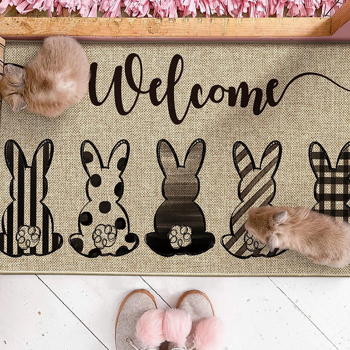 Artoid Mode Cute Bunny Sketch Buffalo Plaid Stripes Dot Welcome Easter Doormat, Seasonal Spring Summer Holiday Low-Profile Yard Floor Switch Mat for Indoor Outdoor 17 x 29 Inch
