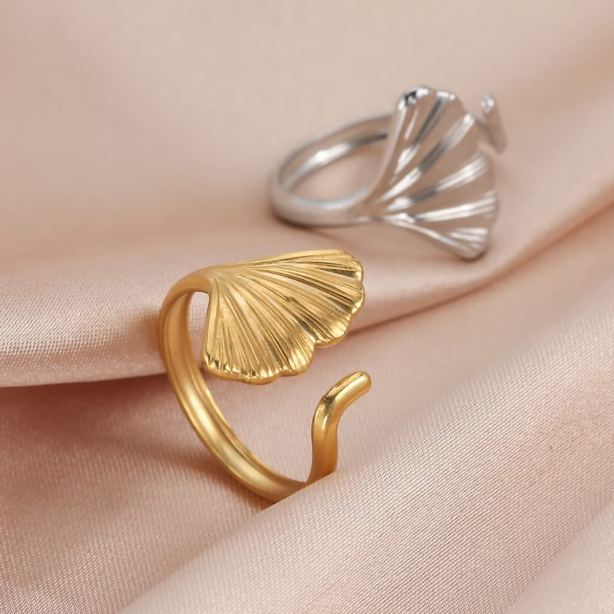 TEAMER Stainless Steel Ginkgo Leaf Finger Rings Adjustable Bohemian Ring Mother‘s Day Jewelry for Women (Gold)