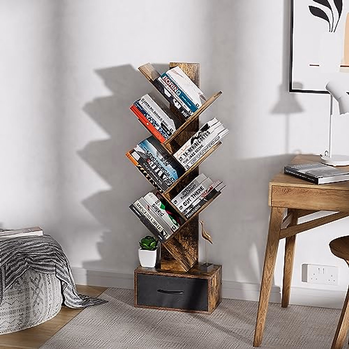 Egepon 6-Tier Tree Bookshelf with Drawer Rustic Brown Book Shelf Storage Rack Floor Standing Bookcase for CDs Movies Books Multifunctional Organizer Shelves for Home Office Living Room Bedroom