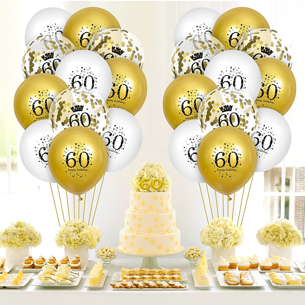 60th Birthday Balloons 15Pcs White Gold Happy 60th Birthday Latex Balloons Confetti Balloons White Gold 60th Birthday Party Decorations for Women Men 60th Birthday Anniversary Decor Supplies 12 inch