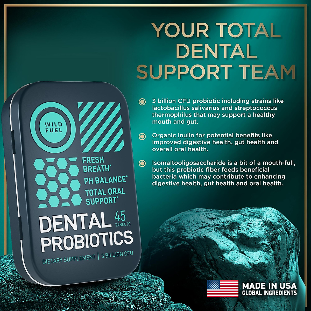 WILD FUEL Dental Probiotic for Teeth and Gums - Lactobacillus Salivarius Probiotic 3bn CFU Fights Bad Breath, Restores Healthy Bacteria - Oral Probiotics - 45 Tablets for Fresh Breath in a Travel Tin