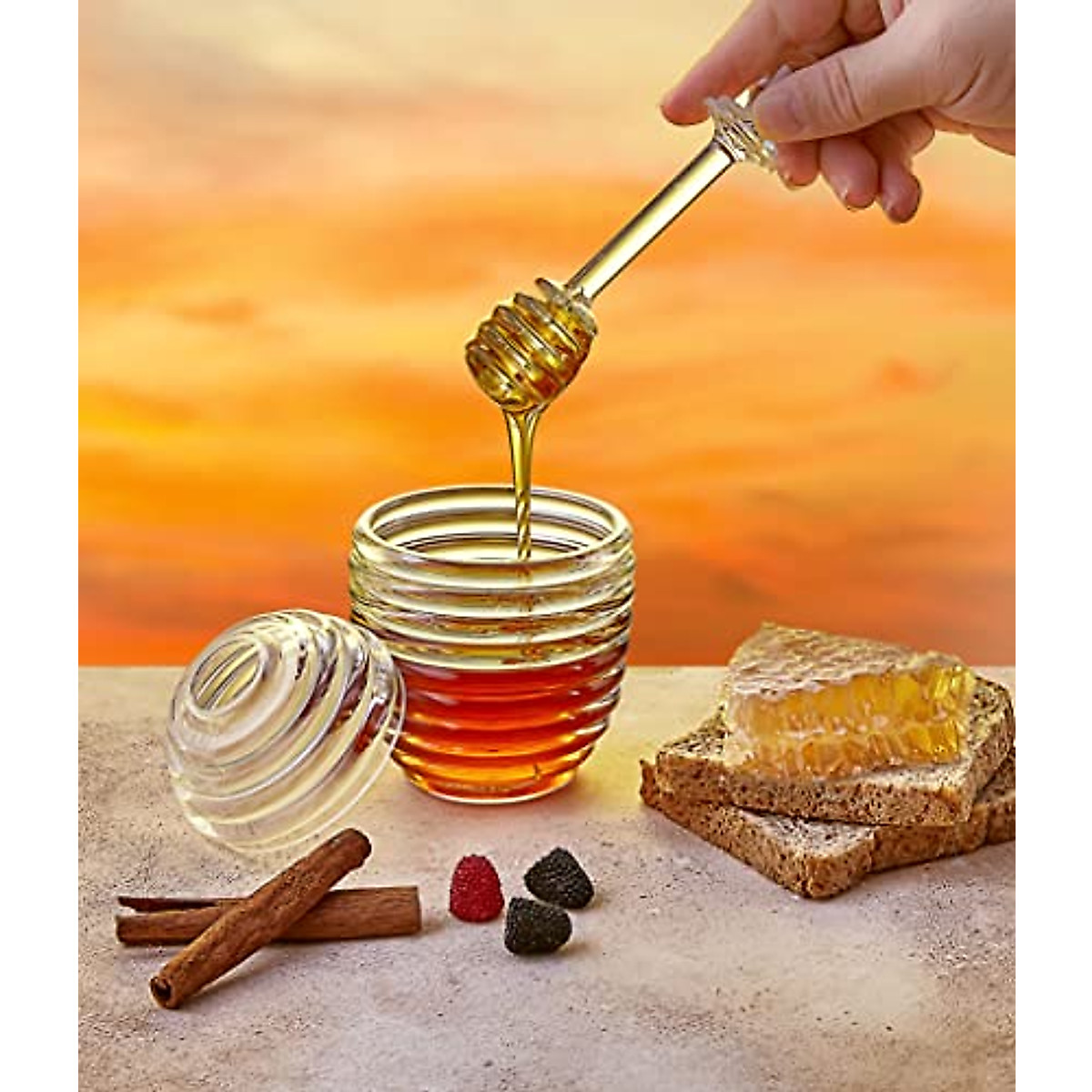 Touchstone Honey Jars with Dipper for Kitchen, Unbreakable Food Grade Acrylic Material, Honey Pot With Spoon, Tarro De Miel Con Cuchara. Honey holder, (3.5" x 5.6") (10 fl oz)