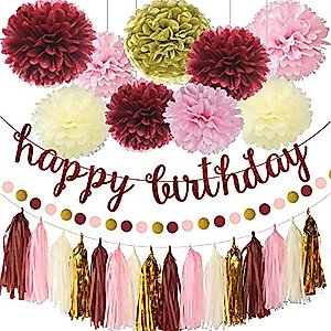 Burgundy Pink Birthday Decorations for Women Grils, Pink Birthday Decoration Set with Birthday Banner, Paper Pom Poms, Circle Dot Garland and Tassel Garland for Women Grils kids Birthday Party Decor