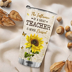 BECHUSKY Teacher Gifts, Teacher Gifts For Women, Teacher Tumbler, Teacher Sunflower Tumbler Teacher Influence Tumbler Great Teacher Is Never Erased Teacher Appreciation Women Christmas Birthday 20OZ