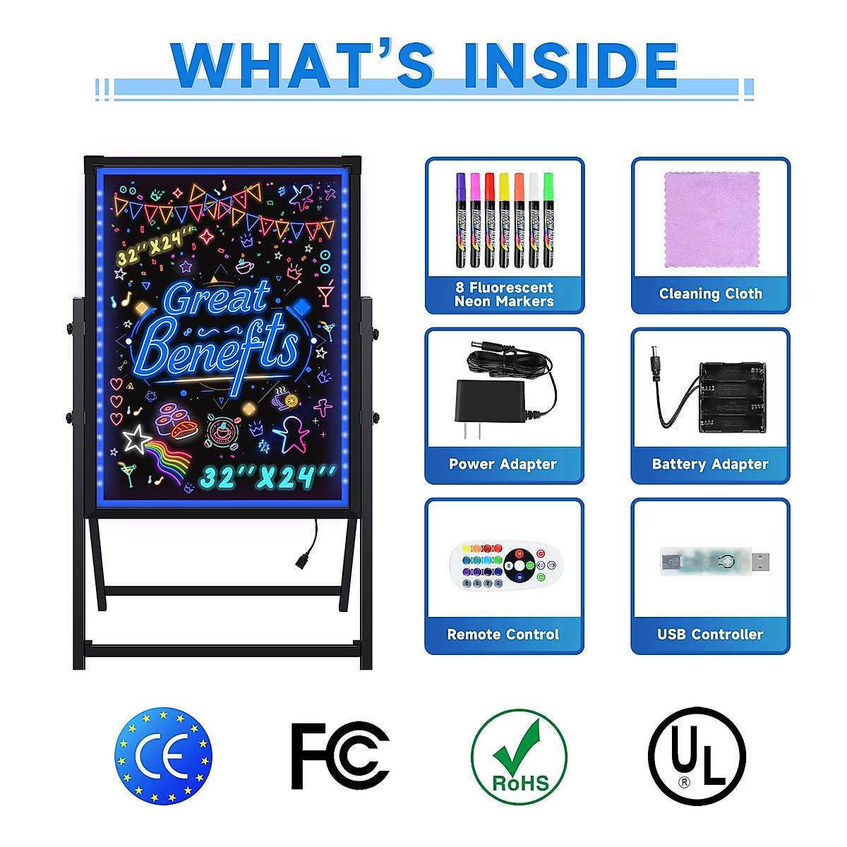 Hosim Standing A-Frame LED Message Writing Board, 24” x 16" Illuminated Erasable Neon Effect Restaurant Menu Sign, Flashing Mode DIY Message Chalkboard for Kitchen Wedding Promotions