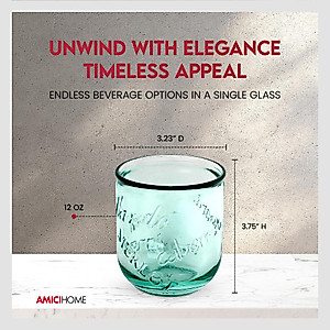 Amici Home Vino Stemless Wine Glasses | 12 Oz | Italian Made, Recycled Green Glass | Cute Water Tumblers for Wine, Beer, Juice, Cocktails, Fresh Drinks (Set of 4)