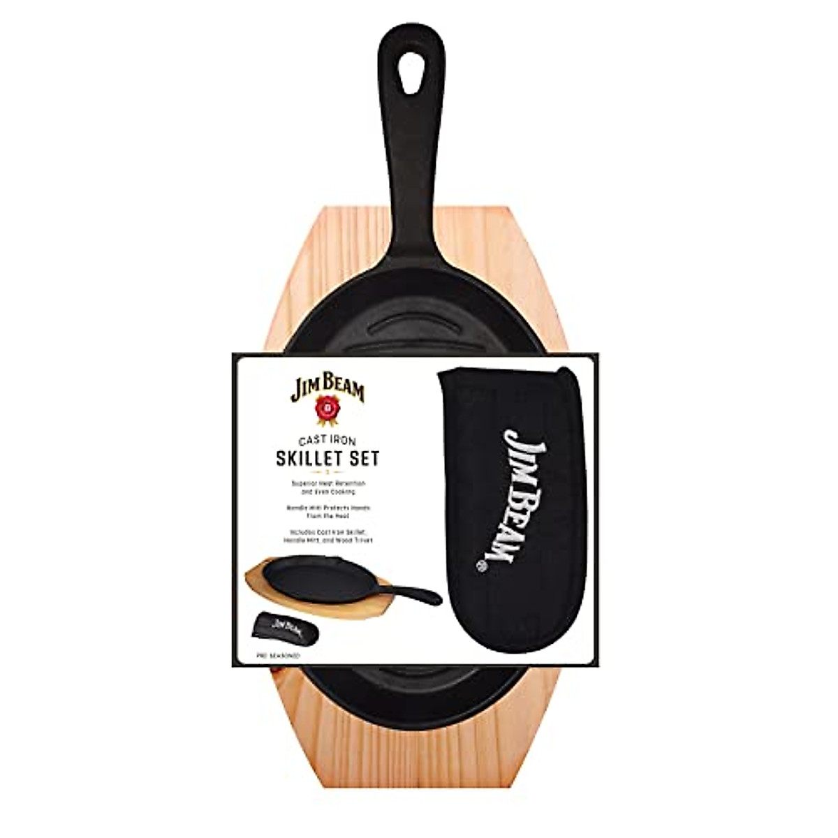 Jim Beam JB0159, Heavy Duty Construction, Pre Seasoned Cast Iron Skillet with Wooden Base and Mitt, Black,Small