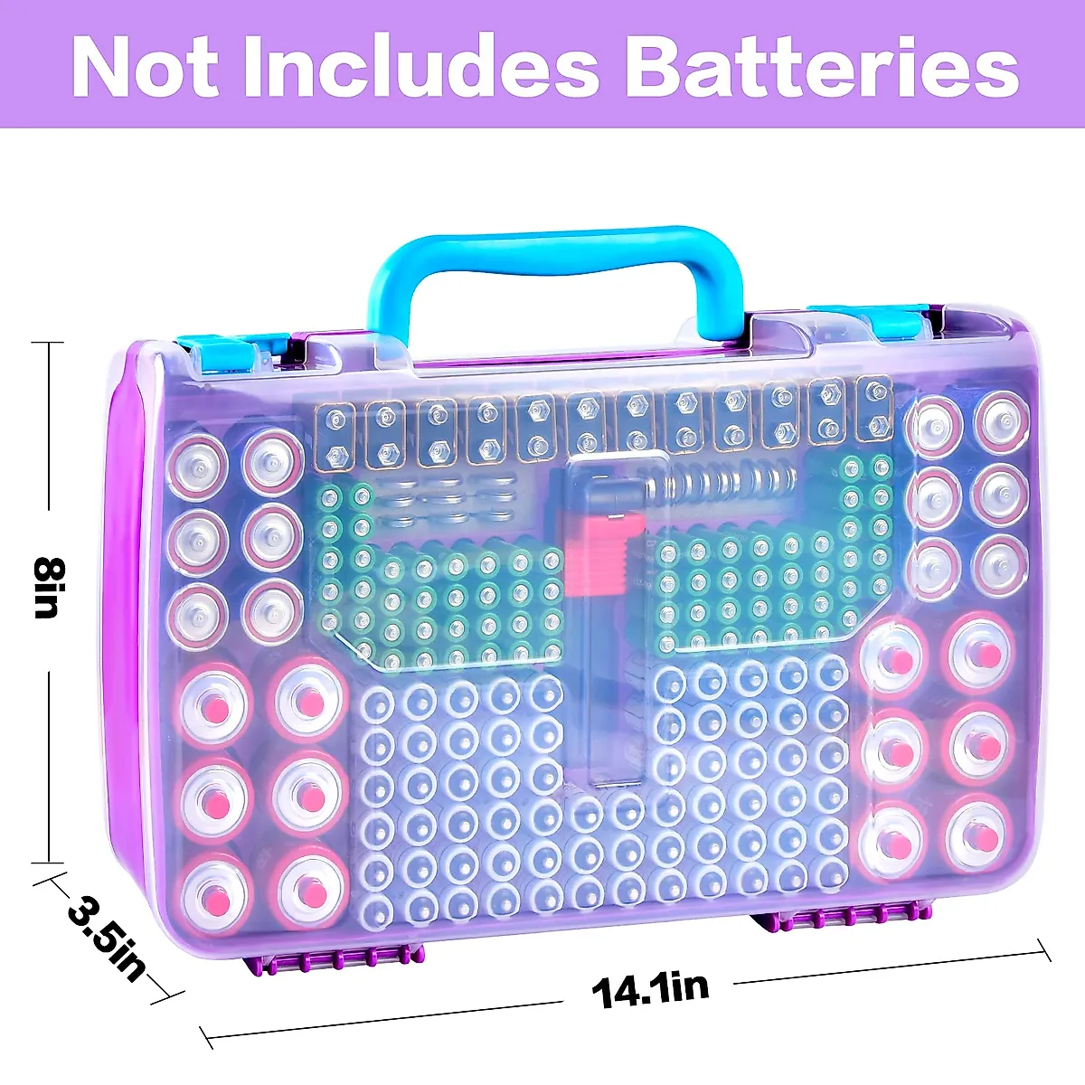 Battery Storage Organizer Case Holder Box with Tester, Double-Sided Batteries Fits for 269 Caddy Container AA AAA AAAA 3A 4A 9V C D Lithium 23A 4LR44 CR123A CR1632 CR2032 - Purple