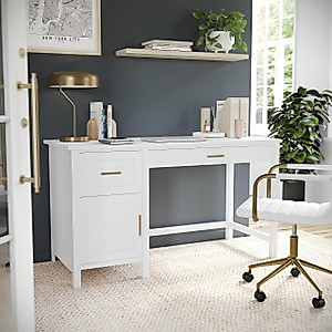 Martha Stewart Hutton Shaker Style Home Office Desk with Storage in White with Polished Brass Hardware