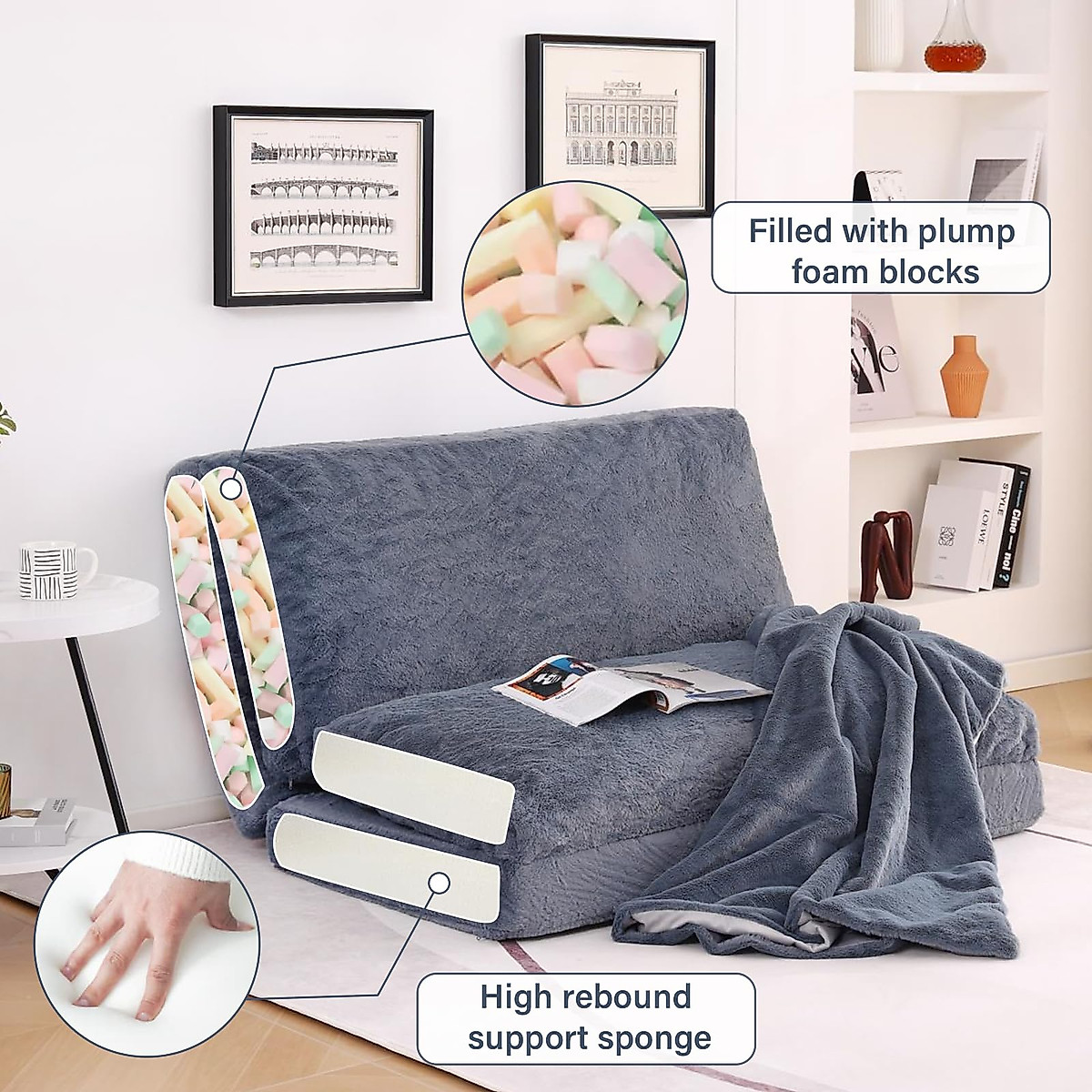 LITA Fluffy Soft Bean Bag Sofa Bed with Blanket, Folding Mattress Bean Bag Chair Foam Filling Convertible Couch Bed with Removable Cover Soft Faux Fur Wall Sofa Bed for Living Room, Dark Grey