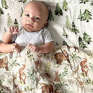 LifeTree Muslin Swaddle Blankets, Muslin Baby Boy Swaddle Blanket and Hat Set with Birth Announcement Card, Newborn Unisex Neutral Receiving Blankets Woodland Forest Animals