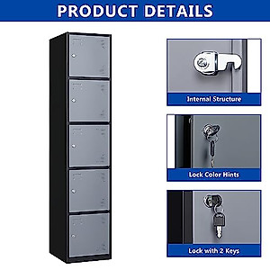BYNSOE Metal Locker 5 Doors 71" Employees Locker Storage Cabinet Locker School Hospital Gym Locker Requires Assembly (Black Gray 5 Door-71)