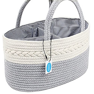 Casaphoria Diaper Caddy Organize,Cotton Rope Diaper Basket Caddy Baskets for Storage,100% Cotton Car Diaper Organizer with Removable Inserts,Cream and Gray (14.2''×8.7''×8'')