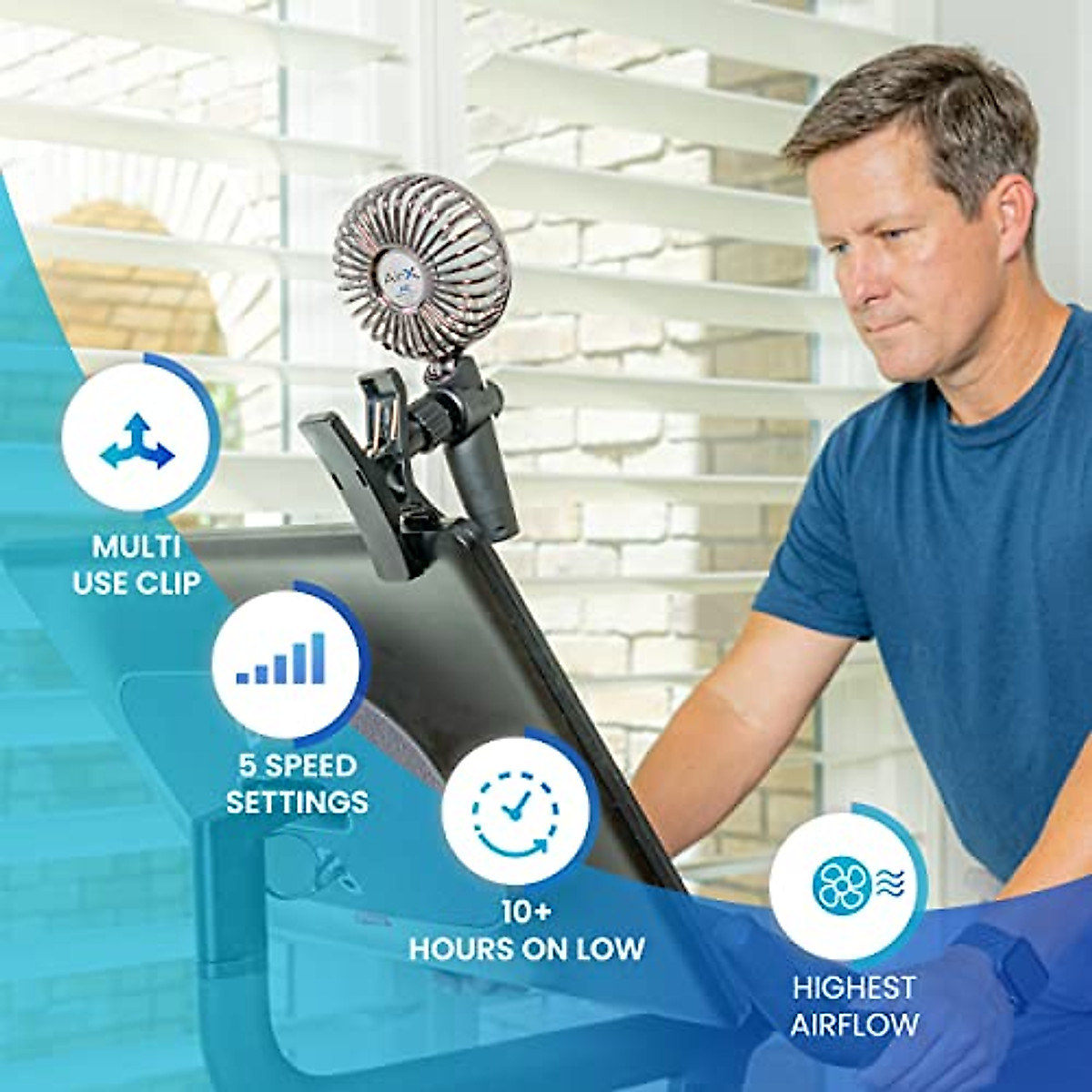Modern Comfort AirX Portable Personal Fan | Multi-Use Clip & Stand for Home, Gym, Outdoors, Office, Desk, Peloton... | 5-speeds (vs 3)| Long Lasting Charge |Ergonomic Handle |Reduce AC use | 1 Yr Warr