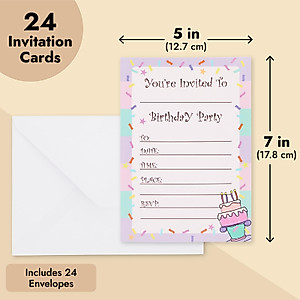 Juvale 24 Pack Birthday Invitations for Girls, Fill-In Invite Cards with Envelopes, Confetti Design (5x7 in)