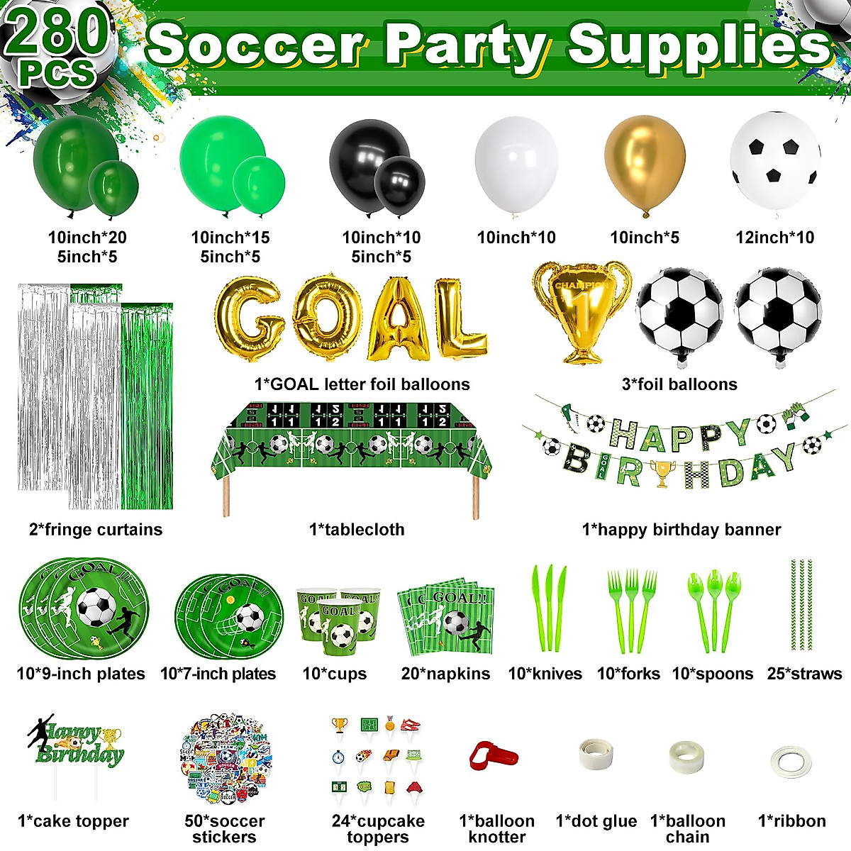 HJINGY 280 PCS Soccer Party Decorations, Soccer Themed Birthday Party Supplies Includes Soccer Balloons, Curtains, Happy Birthday Banner, Tablecloth, Plates, Napkins, Cake Toppers for Boys Sport Party