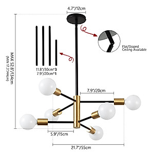 KAISITE Modern Sputnik Chandelier - 6 Light Chandelier Light Fixture Height Adjustable Mid Century Ceiling Chandelier Plating Finished Black and Gold Chandelier for Kitchen Bedroom and Foyer