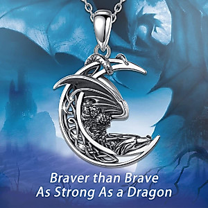Vito Sterling Silver Celtic Moon Dragon Necklace for Women Men, Vintage Aesthetic Crescent Pendant Jewelry Gift for Husband, 18 inch Chain