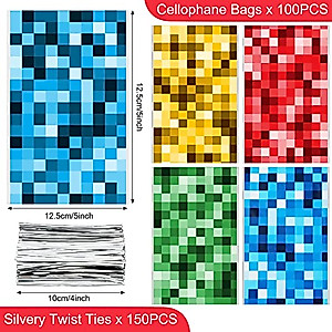 100 Pieces Pixel Mine Party Favors Bags Red Yellow Blue Green Pixel Candy Bags Cellophane Bags for Party Supplies, Goodie Bags Treat Bags with 150 Pcs Silver Twist Ties for Pixel Themed Birthday Party