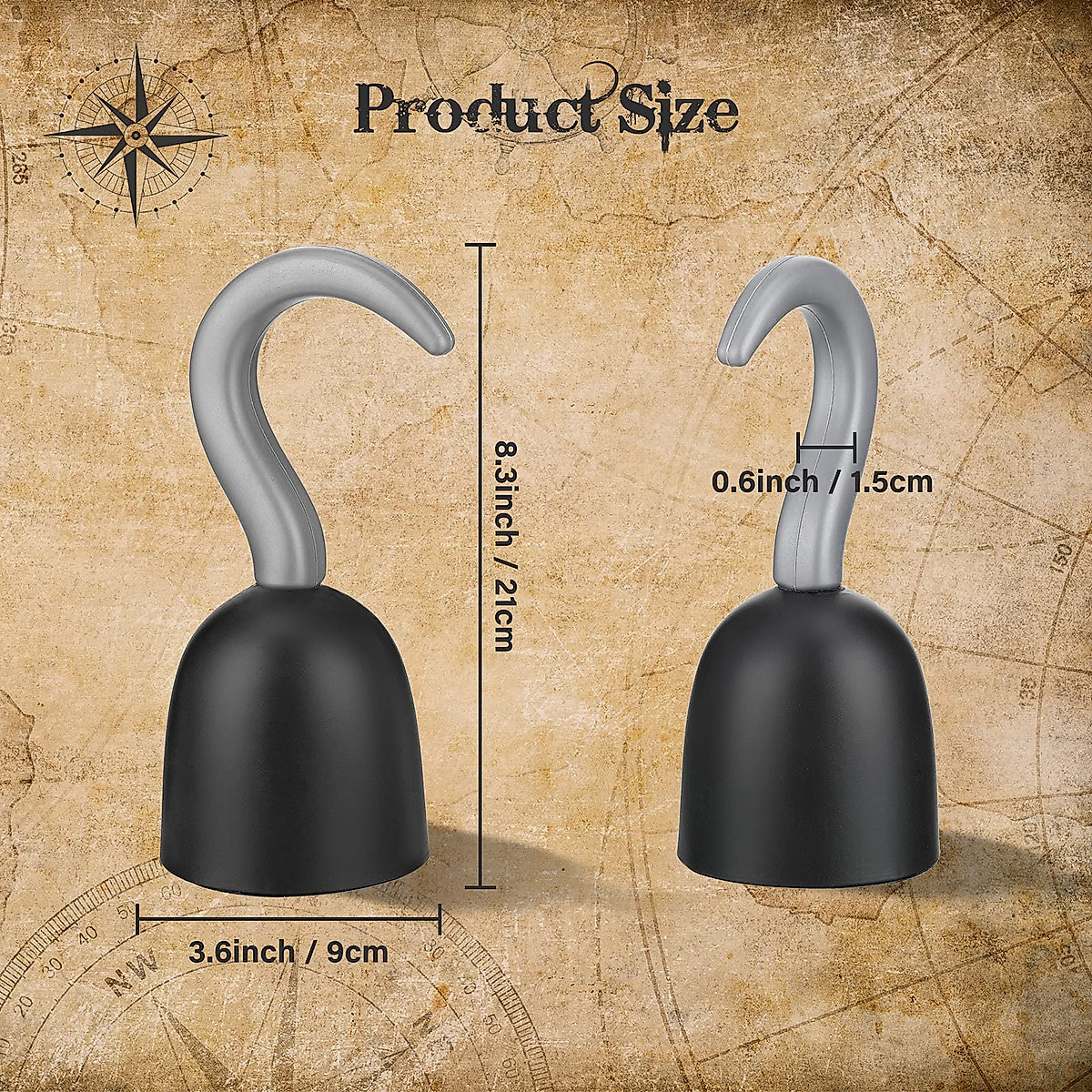 Threan 4 Pcs Large Pirate Hook Captain Hand Plastic Captain Hook Costume Accessories for Halloween Supplies(Black Style)