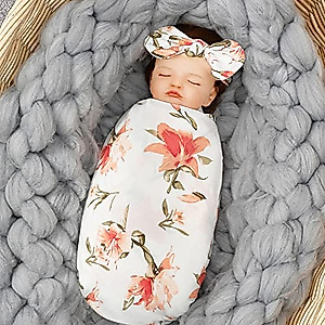 insular Swaddle Blankets Beanie Hat Headband Sets, Newborn Baby Girl Swaddle Sack, Receiving Blankets Infant Baby Gifts, Photo Props Photography(White Lily)