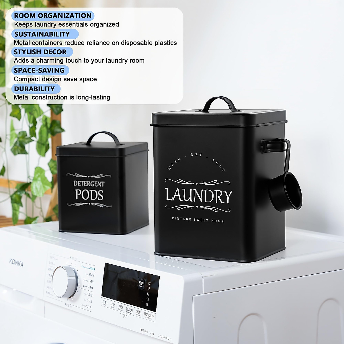 Meraki Home Laundry Detergent Container Set – 2-Pack Detergent Holder with Scoop - Laundry Detergent Sheets and Pods Container - Laundry Room Organization and Storage - Matte Black