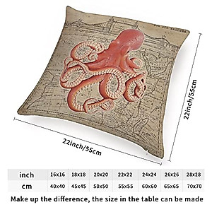 WoGuangis Beach House Throw Pillow Cushion French Vintage Nautical Map Coastal Octopus White Linen Throw Pillows Seahorse Sea Life Vintage Pillowcases with Zippe for Sofa Living Room 22x22in